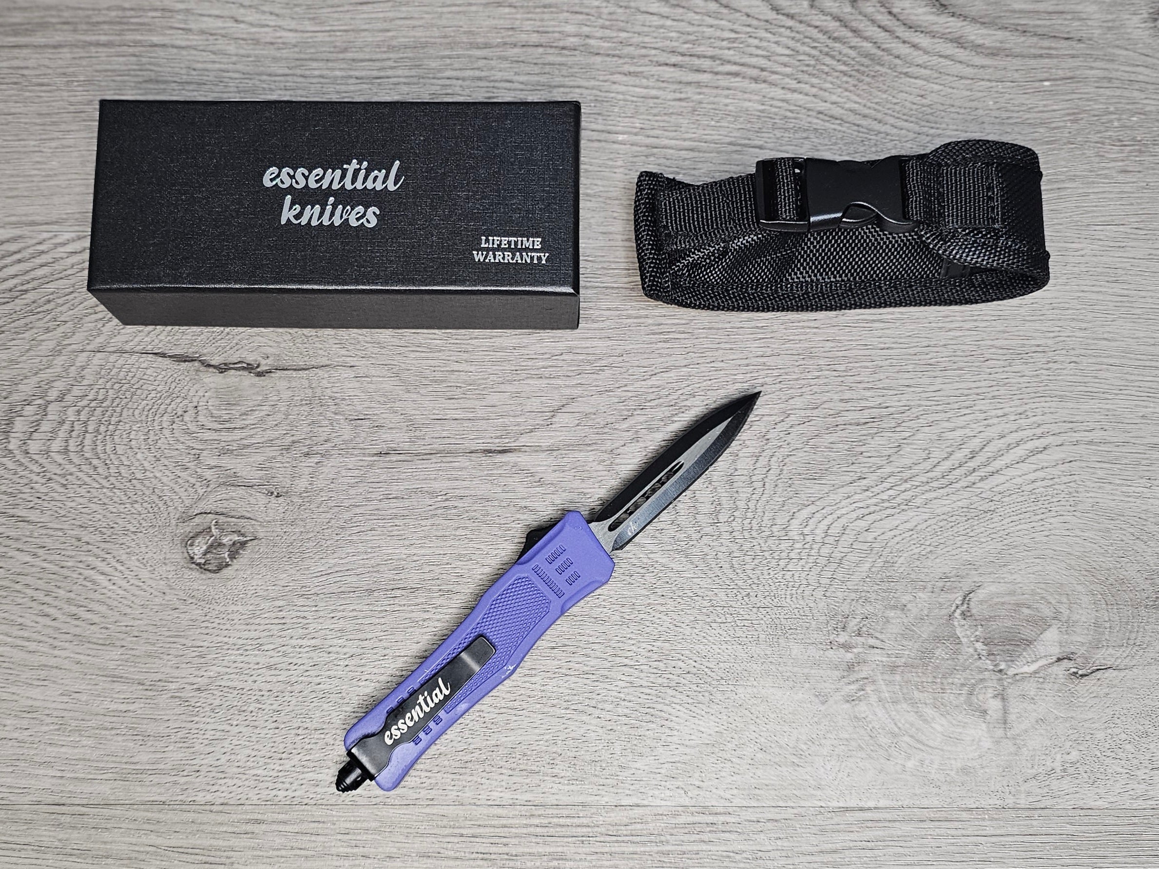 ESSENTIAL KNIVES "THE ESSENTIAL 7" PURPLE Out The Front Knife DAGGER B ...